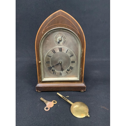 Inlaid bracket clock with key and pendulum, height 28cms