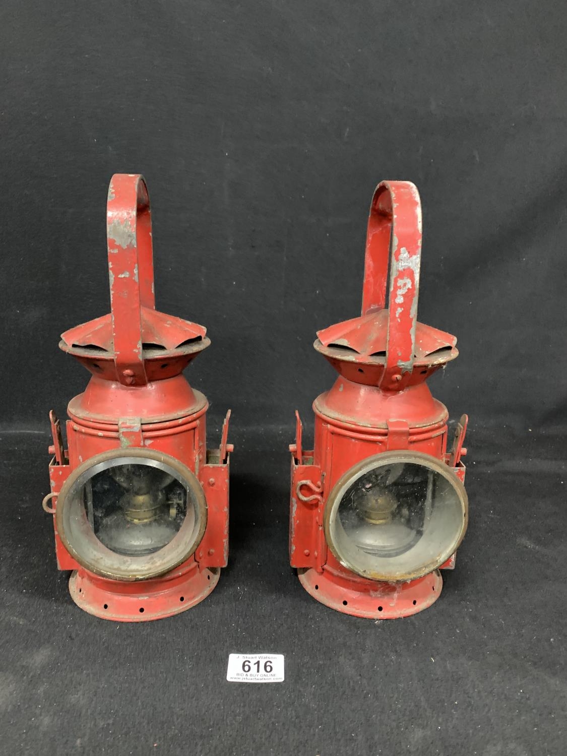Pair of Military rail lamps, dated 1945, Birmingham, painted Red