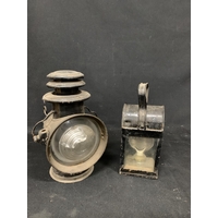 Pair of Military rail lamps, dated 1945, Birmingham, painted Red