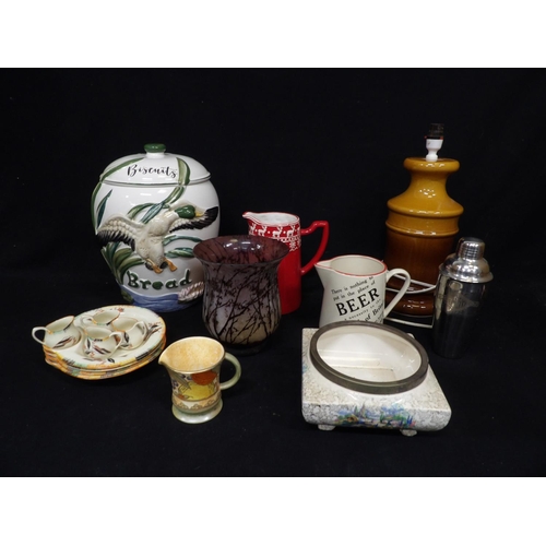 Bread / biscuit crock, other china and potteryware and cocktail shaker (3)