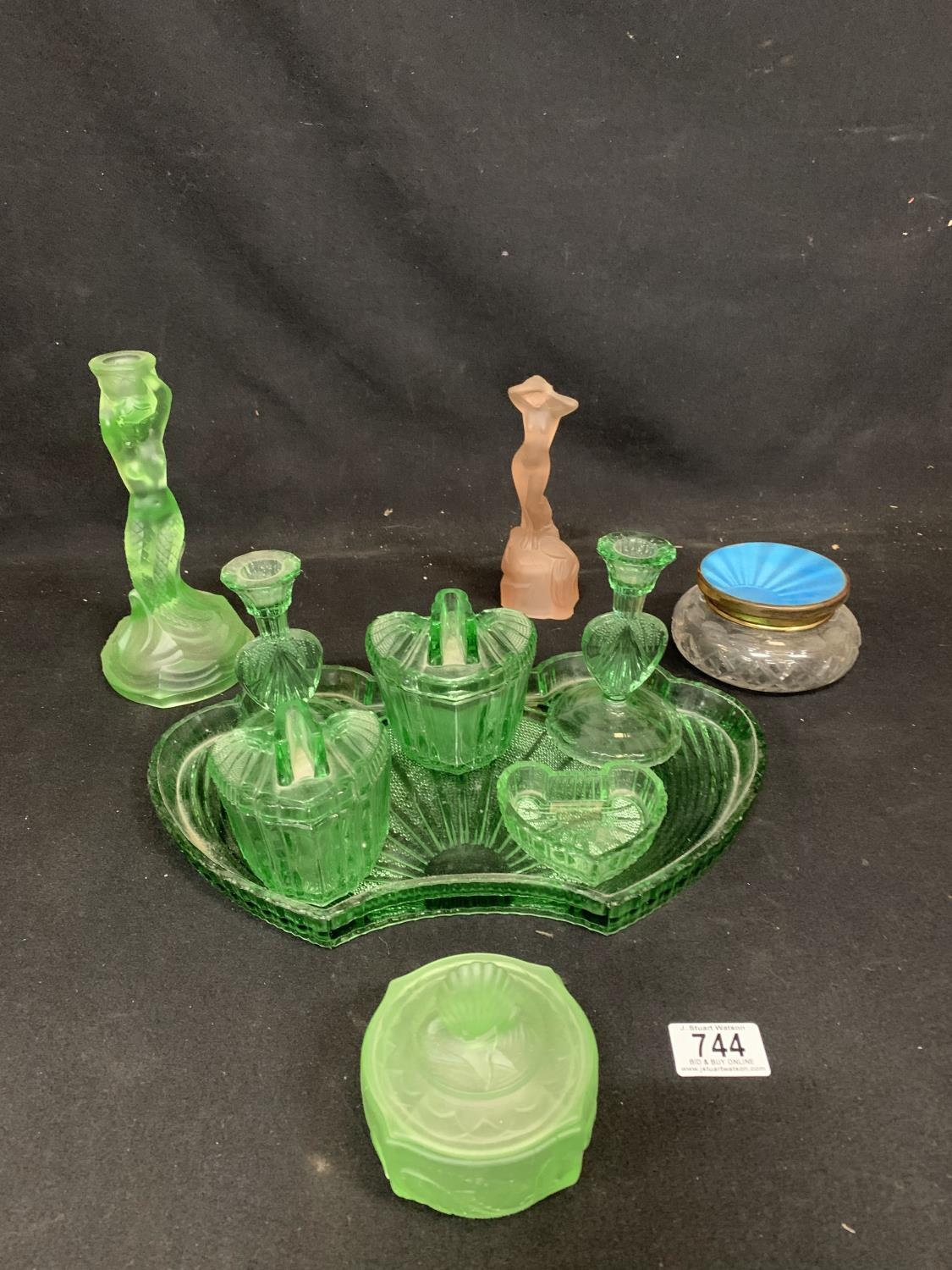 Deco green Glass Trinket Set, frosted glass candlestick, Figure and ...