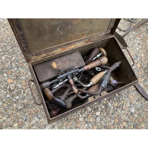 A collection of BYGONE ahand tools and a tin of drills and bits