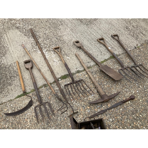A collection of BYGONE ahand tools and a tin of drills and bits