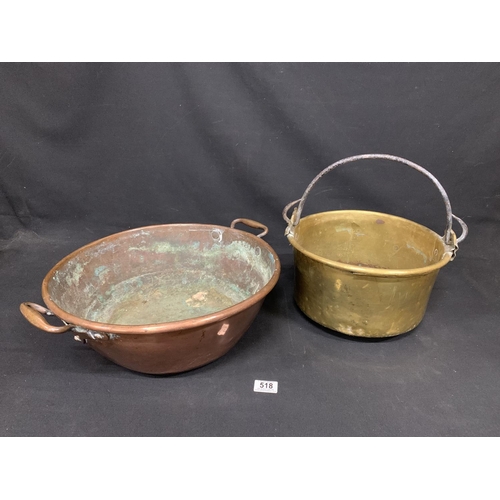 Antique copper preserving pan, diameter 40cms and brass preserving pan ...