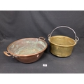 Antique copper preserving pan, diameter 40cms and brass preserving pan ...