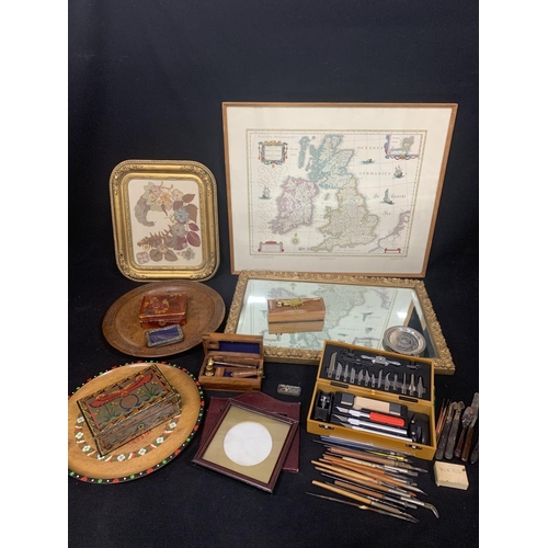 Mirror, Map of Great Britain, woodenware, pens, nibs and sundry items