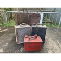 Five vintage fuel cans including two Shell Aviation Spirit