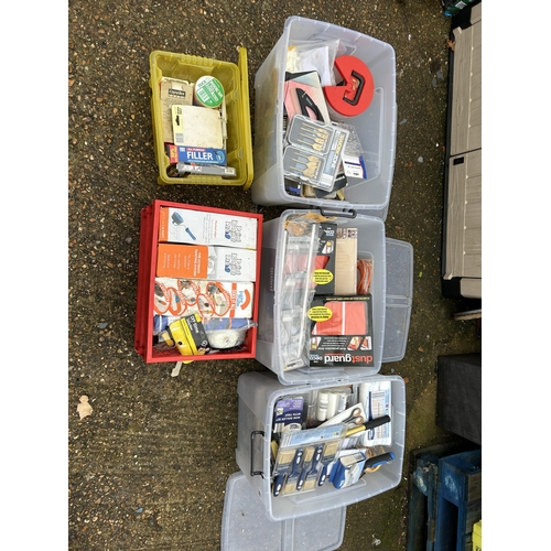 Three clear boxes, red box and yellow box of assorted new DIY sundry ...