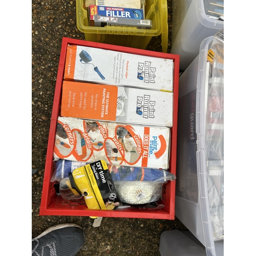 Three clear boxes, red box and yellow box of assorted new DIY sundry ...