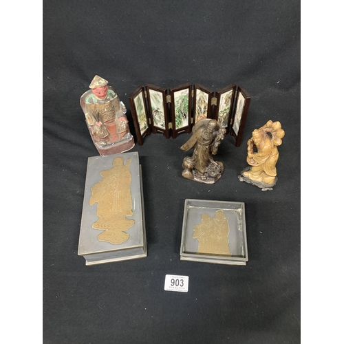 Two carved soapstone figures, two pewter boxes, polychrome figure and ...