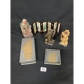 Two carved soapstone figures, two pewter boxes, polychrome figure and ...