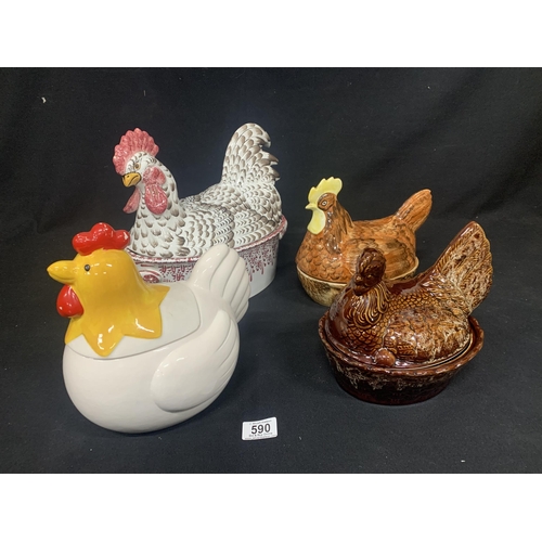 Italian hand painted chicken and 3 chicken pots