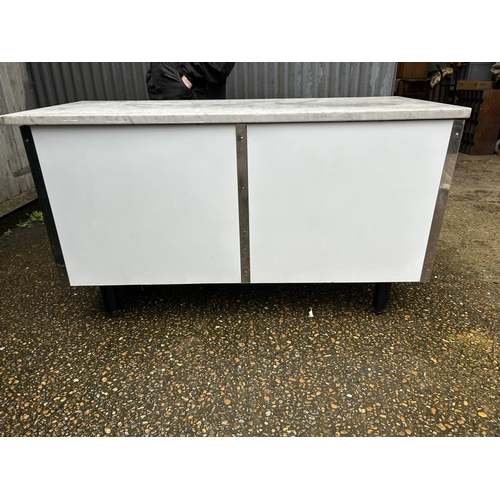 A vintage enamel butchers / patisserie counter with steel frame, enamel ...