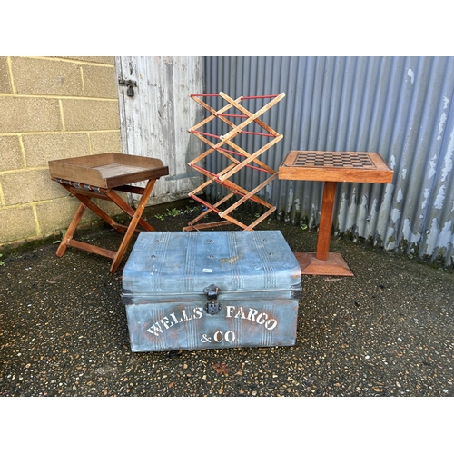 Vintage tin trunk, luggage rack, airer and games table