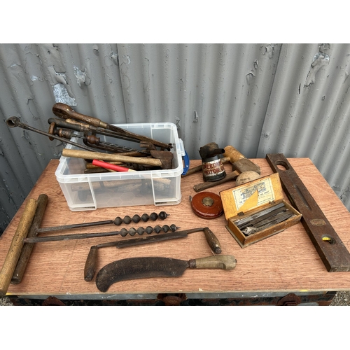 Draw knife, bill hook, augers and vintage tools including Speedwell ...