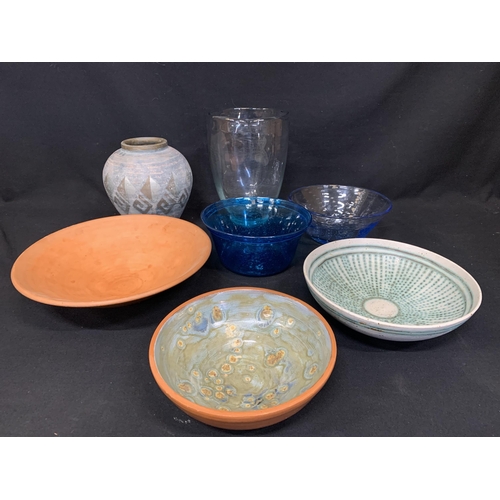 Heavy glass vase, height 27 cms & two Coloured glass bowls, three ...
