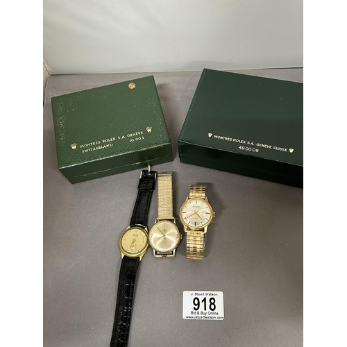 Three vintage Gents watches and two empty Rolex Watch Boxes