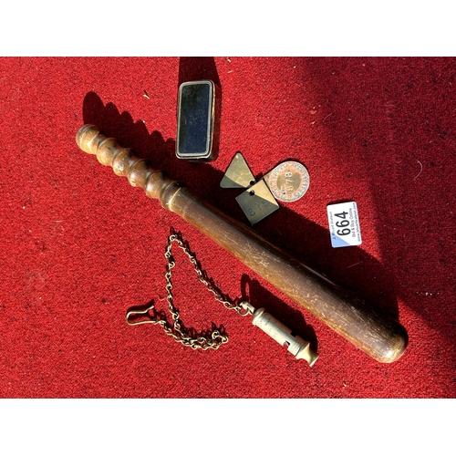 Truncheon length 38 cms, Metropolitan whistle, colliery tags and small box