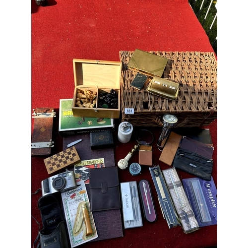 Wicker Basket, games, wallets, pens and sundries