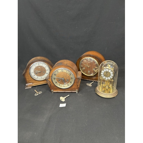 Three oak cased clocks with keys and pendulums and Kundo domed clock