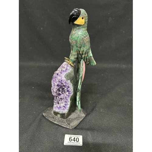 Specimen Amethyst , mounted with multicoloured bone parrot, height 26cms