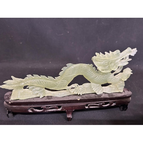 Collection of Jade figures and 5 Malachite figures, Jade dragon length ...