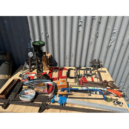Hand Drill, various cramps, tools large sash cramp and sundry tools