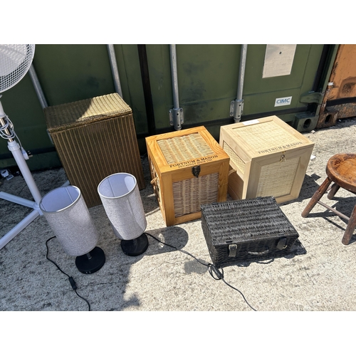 A Lloyd loom box, pair of lamps, three baskets and floor lamp