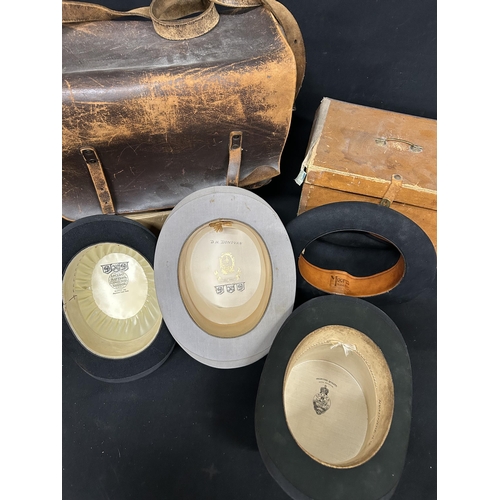 Two Top Hats, Bowler Hat and one other plus Leather shoulder bag. Head ...