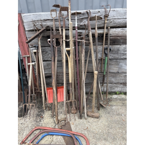 A large collection of assorted vintage and bygone garden hand tools