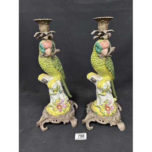 Two Gilt Bronze mounted porcelain Parrot Candlesticks, each height 37 cms