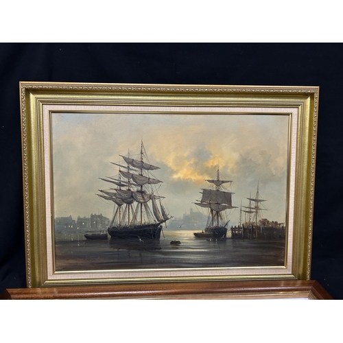 Gilt framed oil on canvas of ships by David Short 94 x 68cms and 2 ...