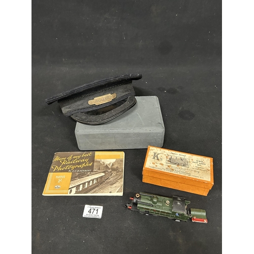 British Railway cap with badge, Railway photograph book and G.W.R. Loco
