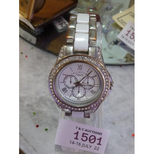 NEXT FASHION WATCH , DIAMONTE DETAIL AROUND FACE, WHITE AND METAL STRAP