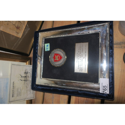 FRAMED COMMEMORATIVE PLAQUE - "PRESENTED TO COMMANDER IAN HUGO, UK NAVY