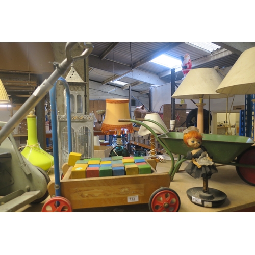 VINTAGE BABY WALKER WITH WOODEN BUILDING BRICKS