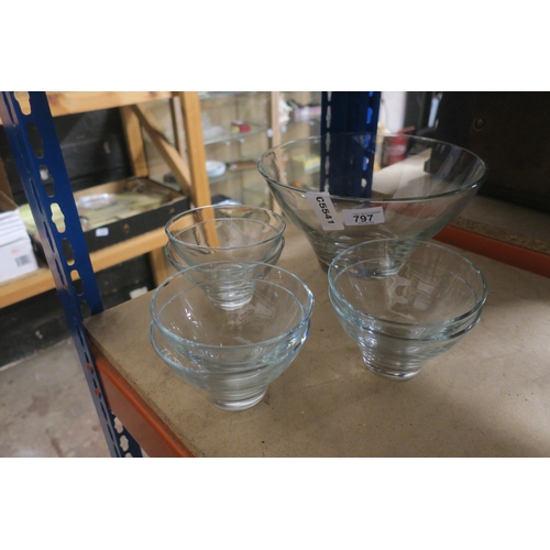 HEAVY GLASS BOWL AND INDIVIDUAL DESSERT DISHES