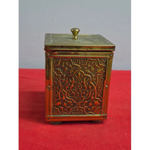 A Newlyn Style Edwardian Lidded Brass Tea Caddy with original tin ...