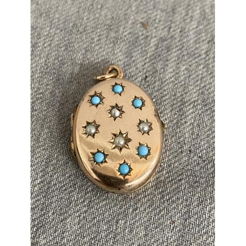 Victorian gold tone seed pearl & turquoise locket, 3.8g (No hallmarks)
