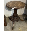 Victorian walnut and boxwood inlaid, tripod games table 62H 45cm diameter
