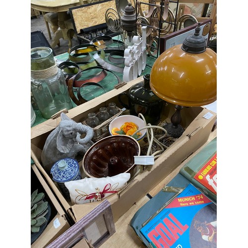7 boxes of collectables inc. coloured glass bottles, Pendelfin house ...