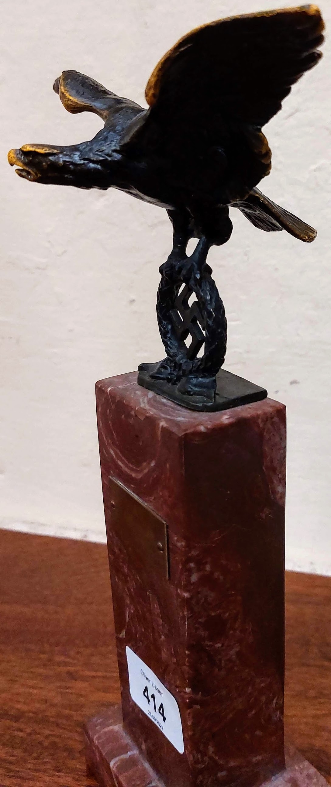 Bronze Bird on Marble Plinth with Swastika Insignia - C. 27cm H