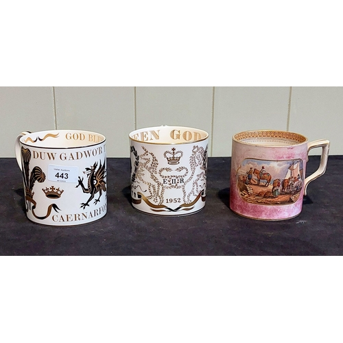 Antique Prattware Mug together with 2 Wedgwood Royal Commemorative Mugs