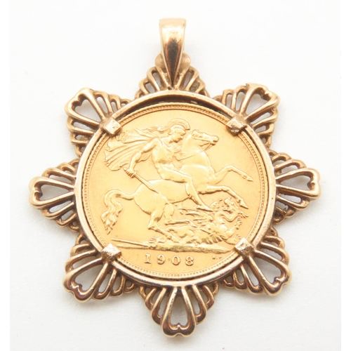 1908 Full Gold Sovereign Mounted in 9 Carat Yellow Gold Pendant 4cm High