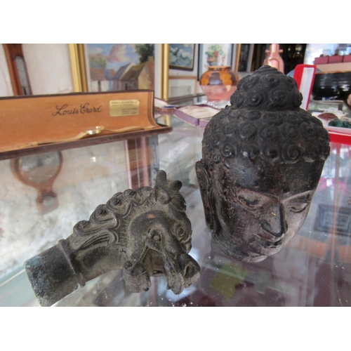 Bronze Figure Buddha and Bronze Dragon Head Walking Stick Handle
