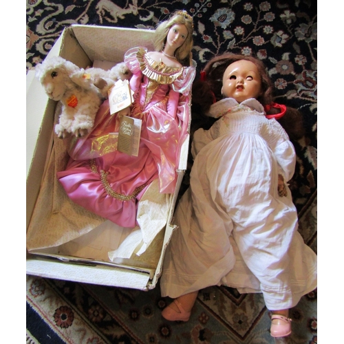 Two Porcelain Head Dolls Including One with Original Presentation Box and Steiff Original Cuddly Toy