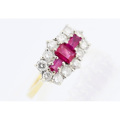 Ruby Three Stone Ring with Twelve Stone Diamond Set Surround Mounted in ...