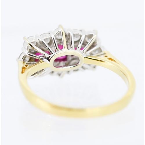 Ruby Three Stone Ring with Twelve Stone Diamond Set Surround Mounted in ...