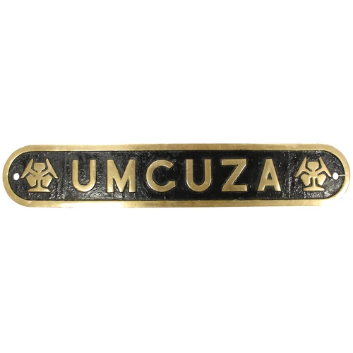 Railwayana. Zimbabwe 'UMGUZA' black/ gold metal name plate, 870mm x ...