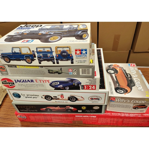 Model kits. Collection of cars, motorbikes and planes, appear complete ...